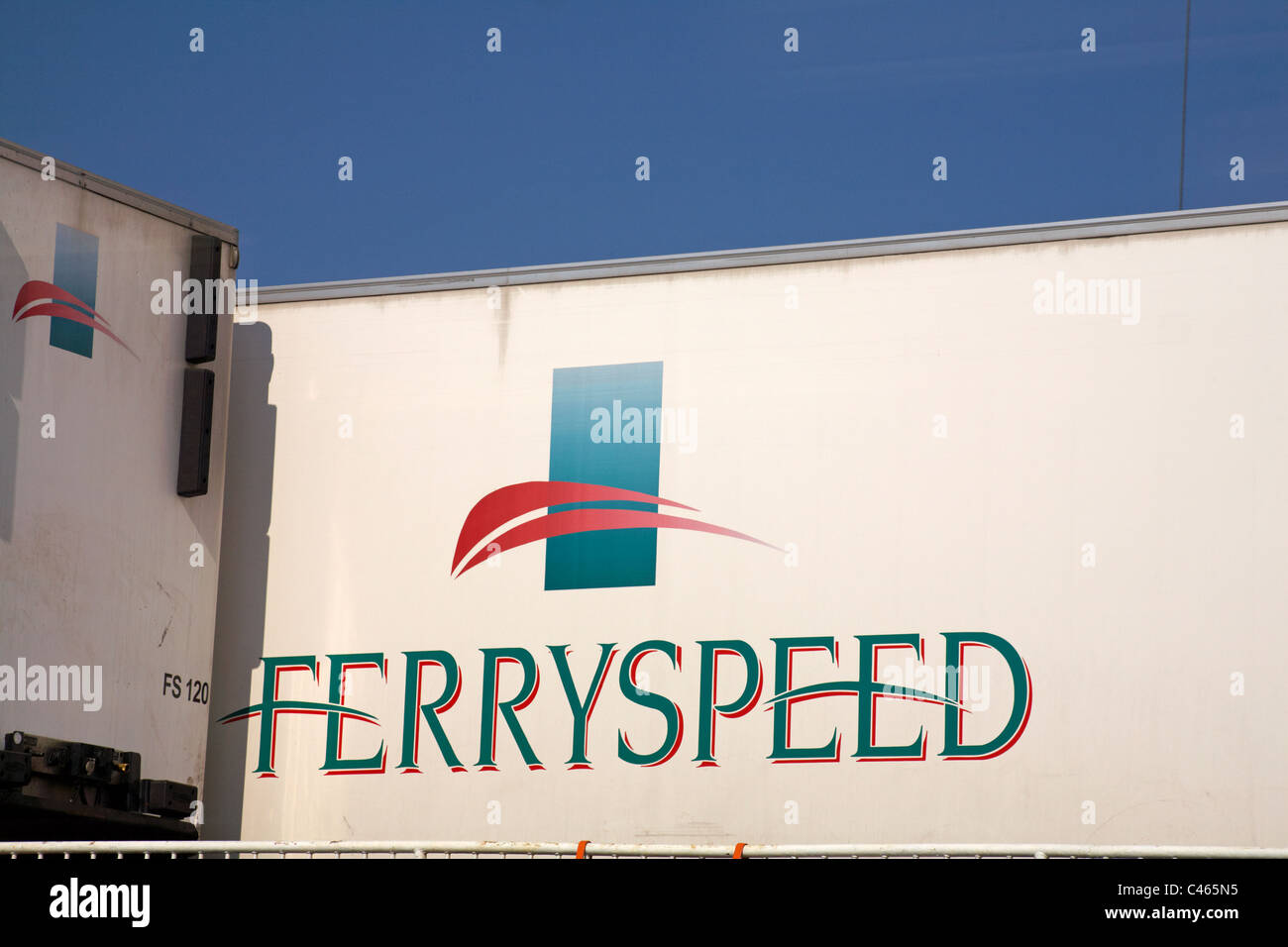 Ferryspeed trucks on ferry arriving at St Peters Port, Guernsey in ...