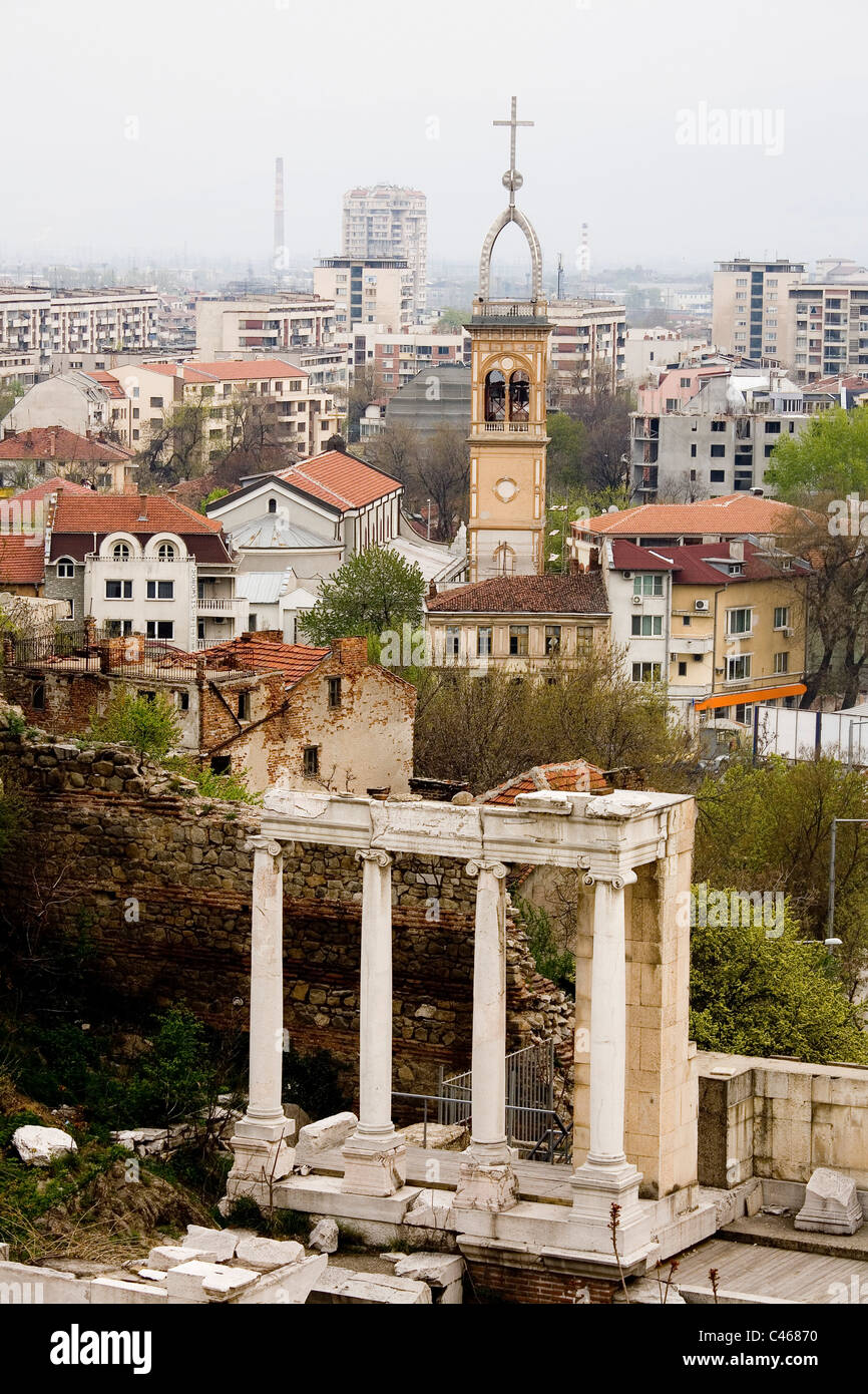 Aerial photograph of an ancient Roman Amphitheater in the modern city ...