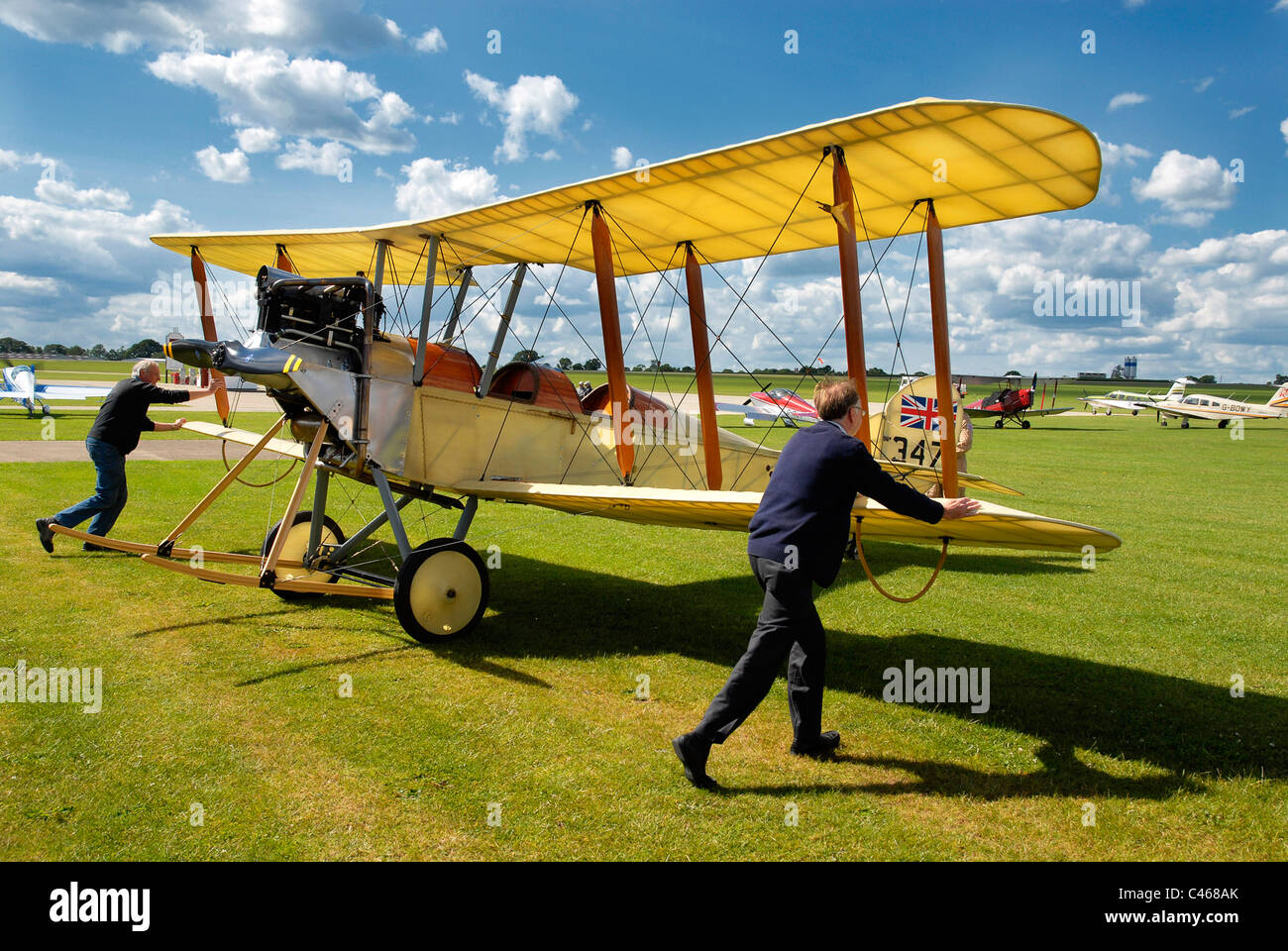 A replica Be-2C WW1 vintage biplane is wheeled out at Sywell Aerodrome ...