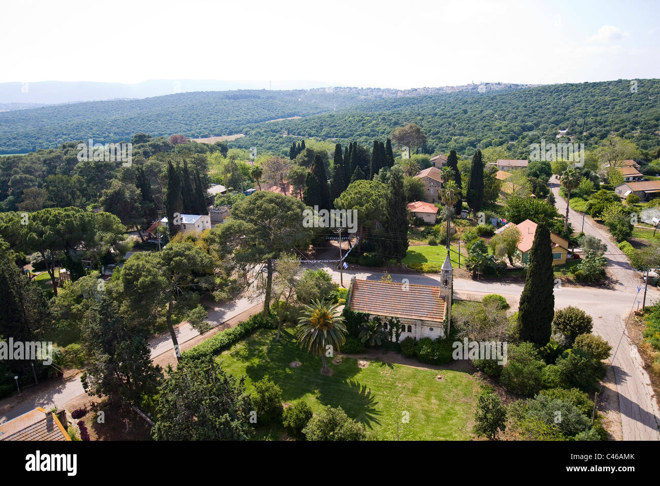 Aerial photograph of an Evangelistic church in the village of Alony Aba ...
