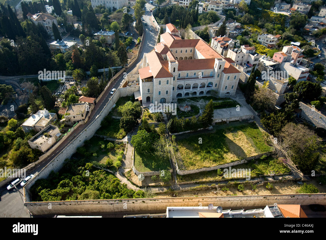 Aerial photograph of the monastery of the Carmelite order in Nazareth ...