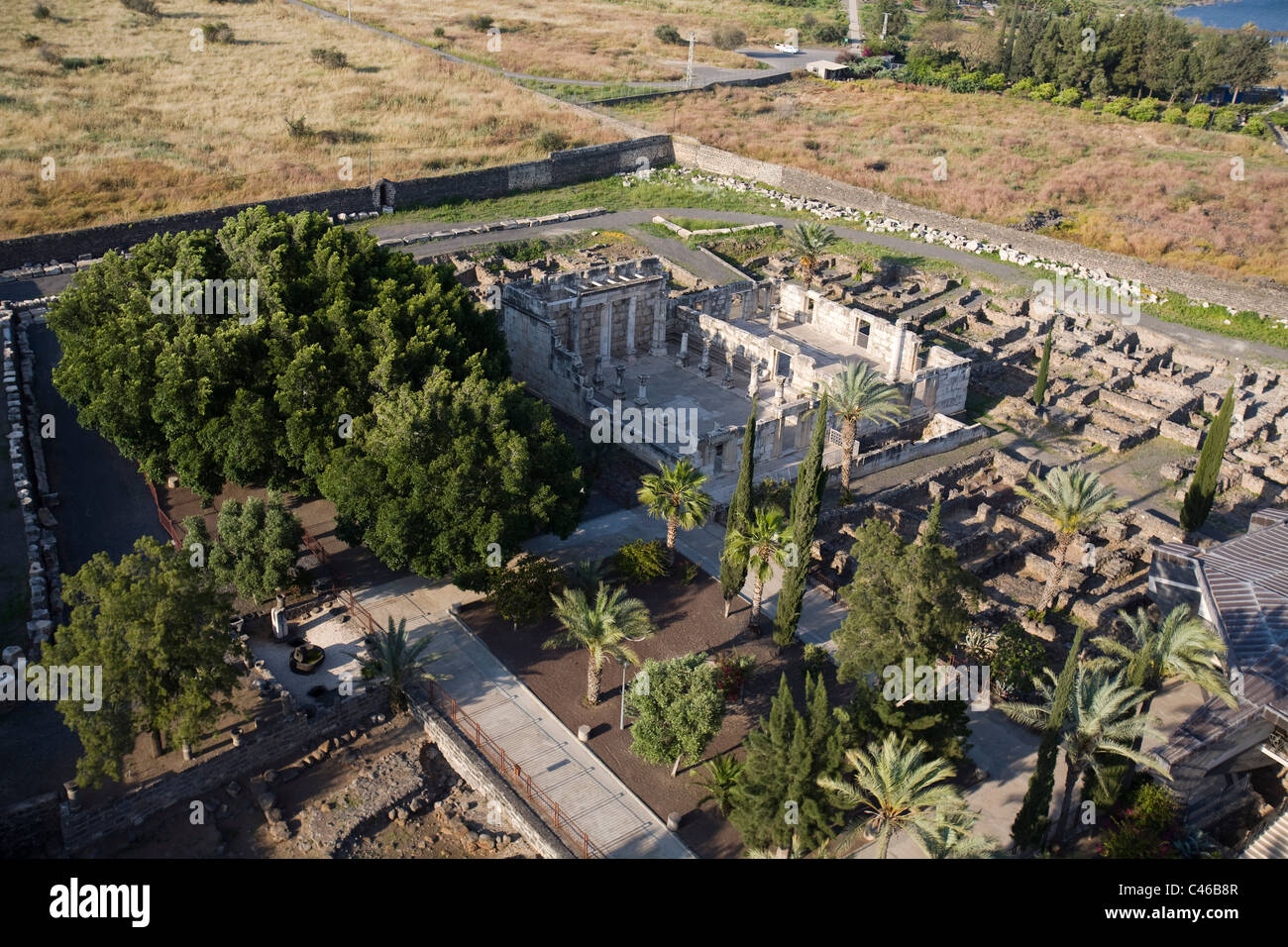 Aerial photograph of the ruins of Capernaum near the Sea of Galilee ...