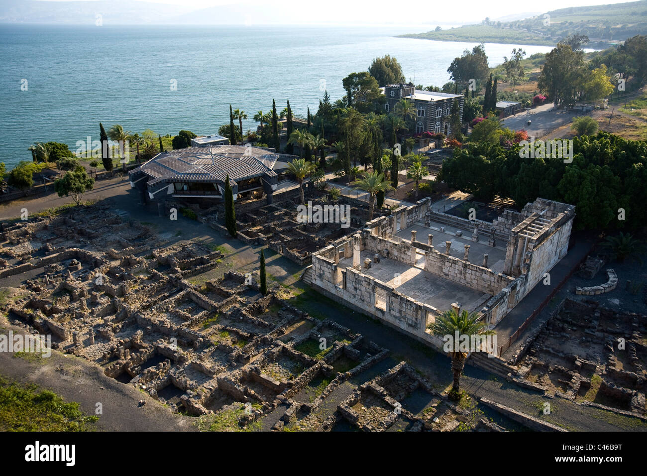 Aerial photograph of the ruins of Capernaum near the Sea of Galilee ...