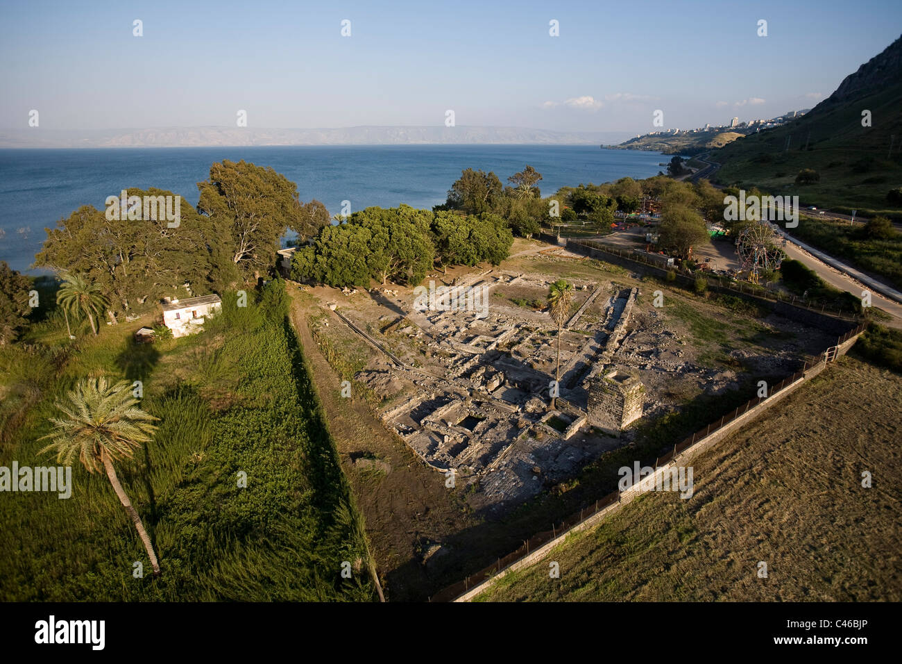 Aerial photograph of the archeologic site of Magdala in the Sea of ...