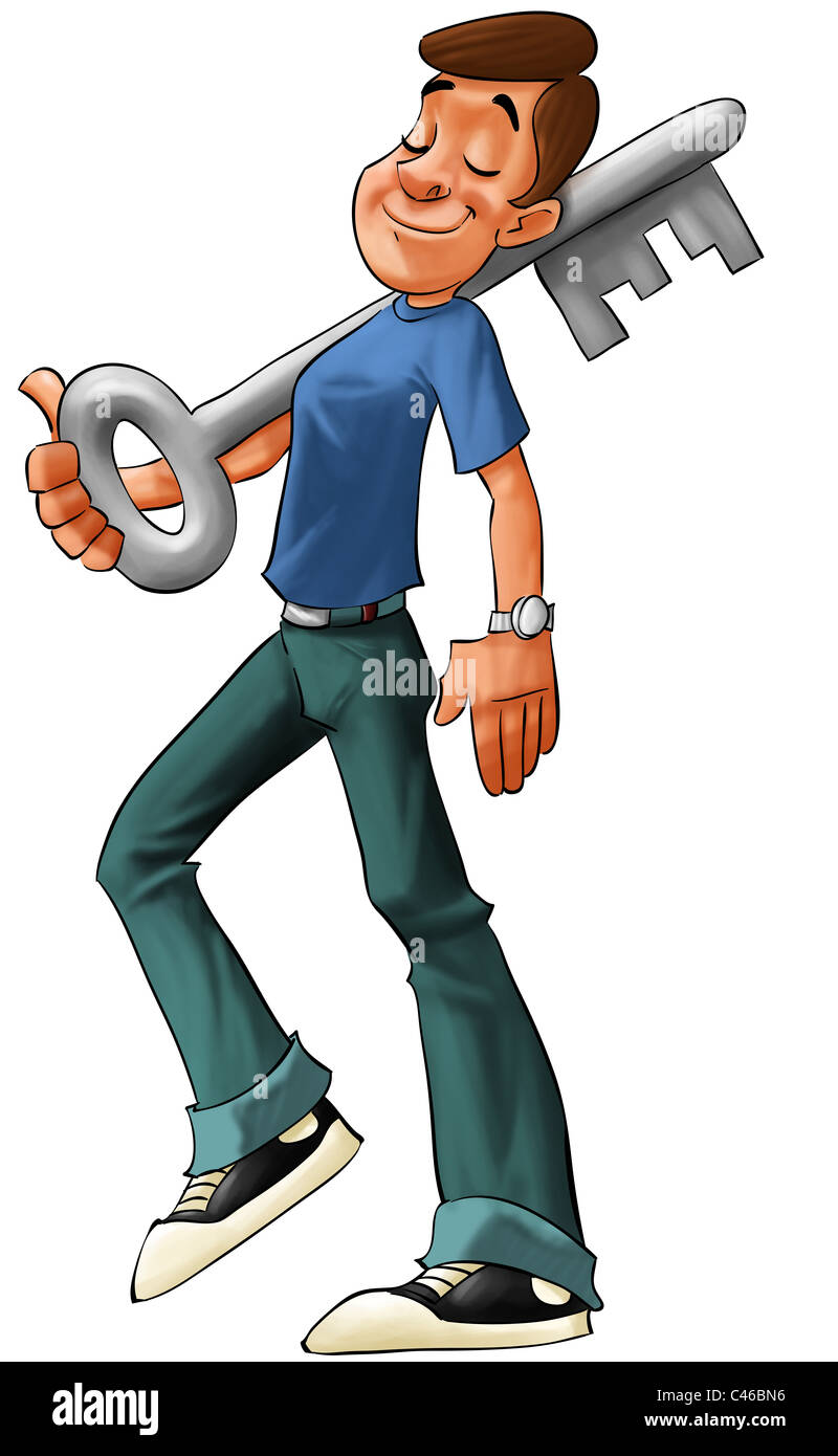 young man holding a very big key Stock Photo - Alamy