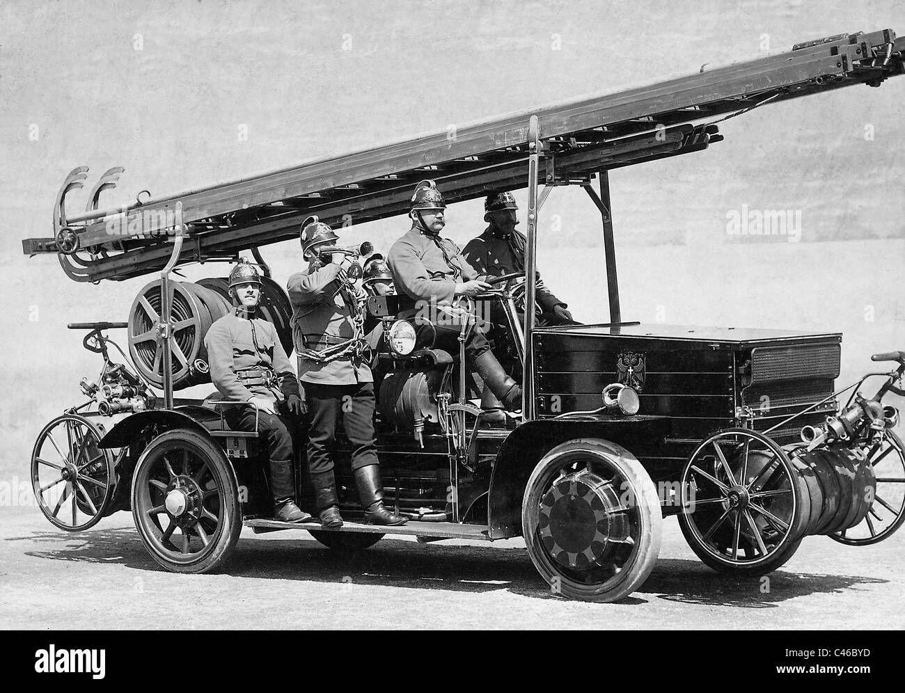 Fire truck with a ladder Black and White Stock Photos & Images - Alamy
