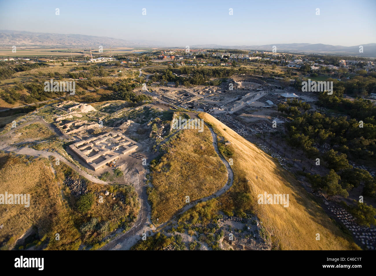 Aerial photograph of the ruins of the Roman city of Beit Shean in the ...