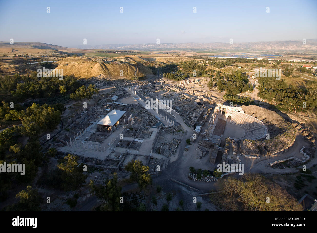 Aerial photograph of the ruins of the Roman city of Beit Shean in the ...