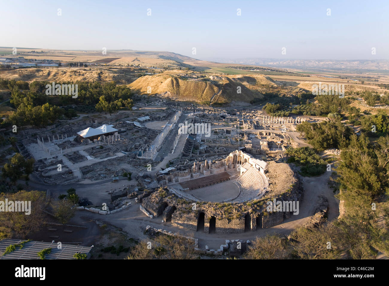 Aerial photograph of the ruins of the Roman city of Beit Shean in the ...