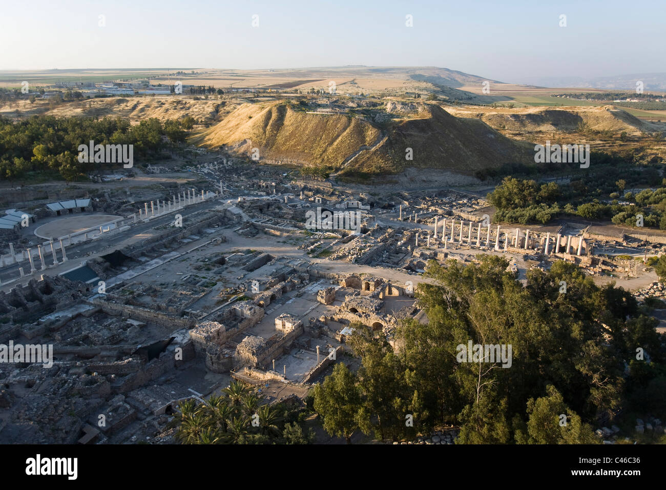 Aerial photograph of the ruins of the Roman city of Beit Shean in the ...