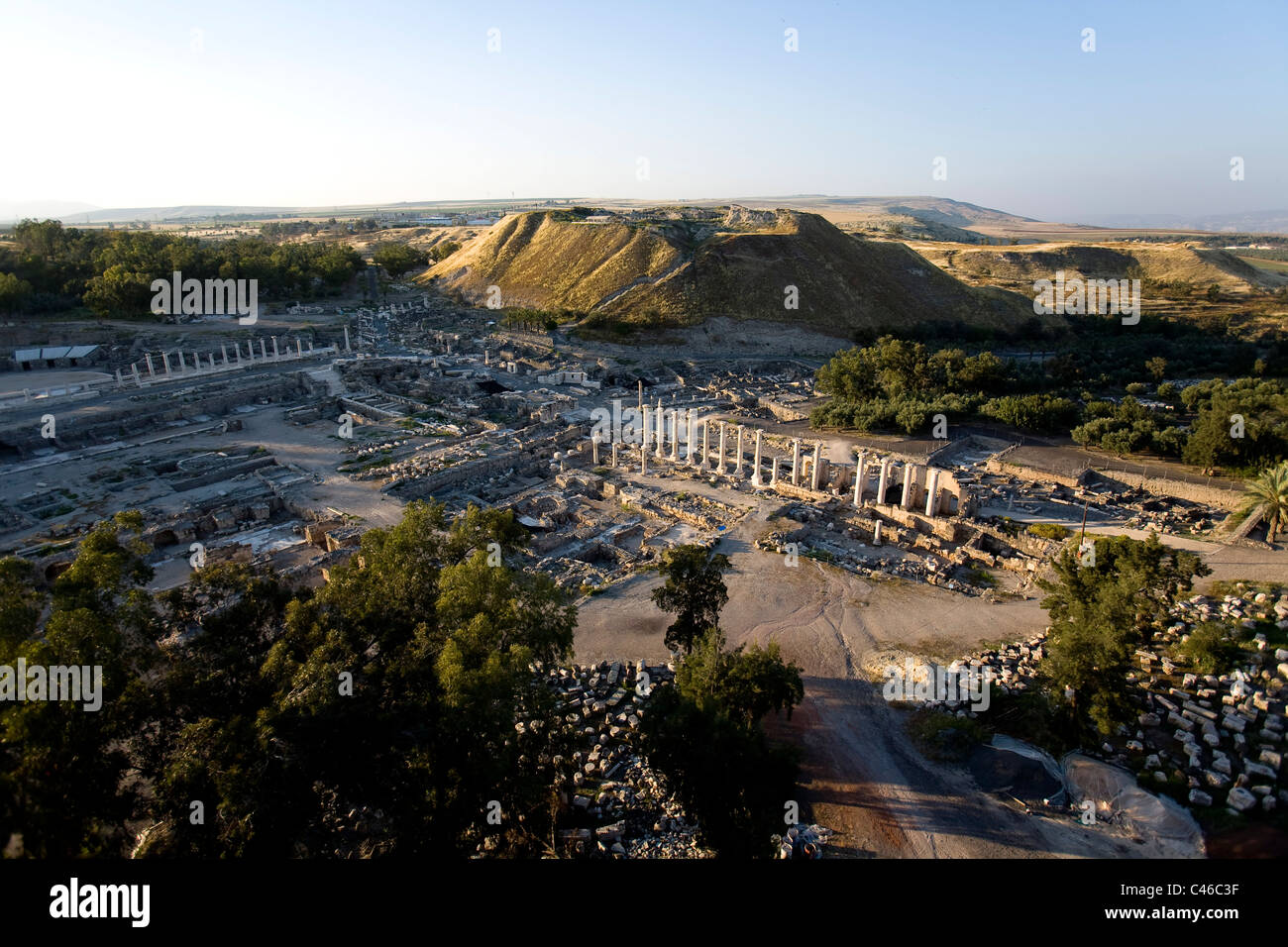 Aerial photograph of the ruins of the Roman city of Beit Shean in the ...