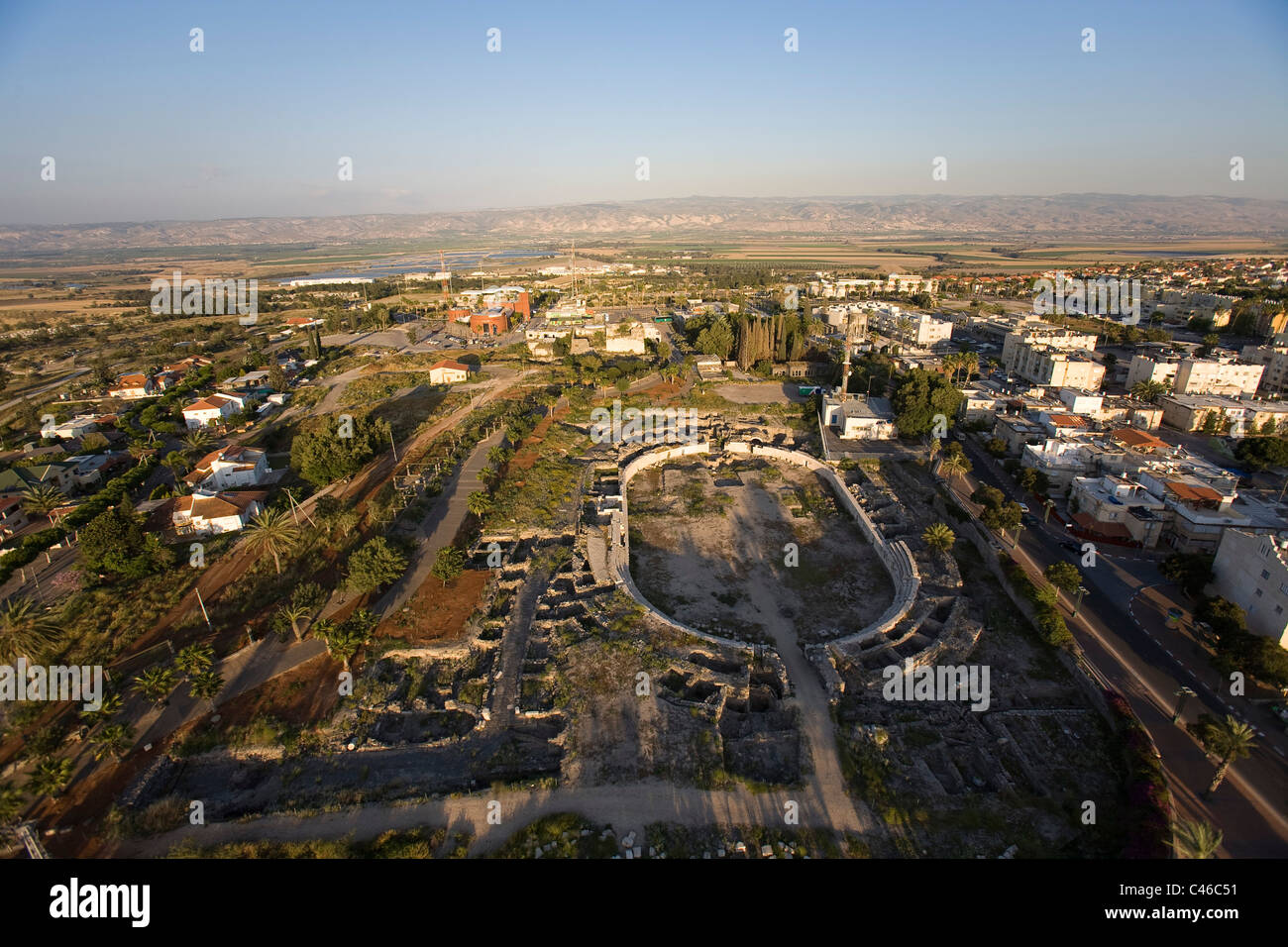 Aerial photograph of the ruins of the Roman city of Beit Shean in the ...