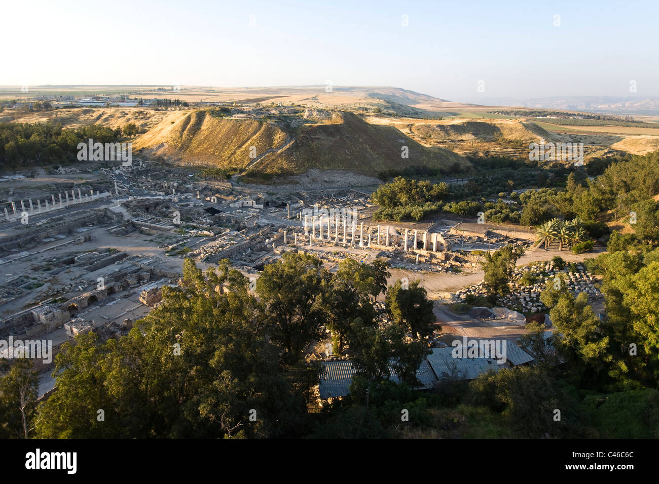 Aerial photograph of the ruins of the Roman city of Beit Shean in the ...