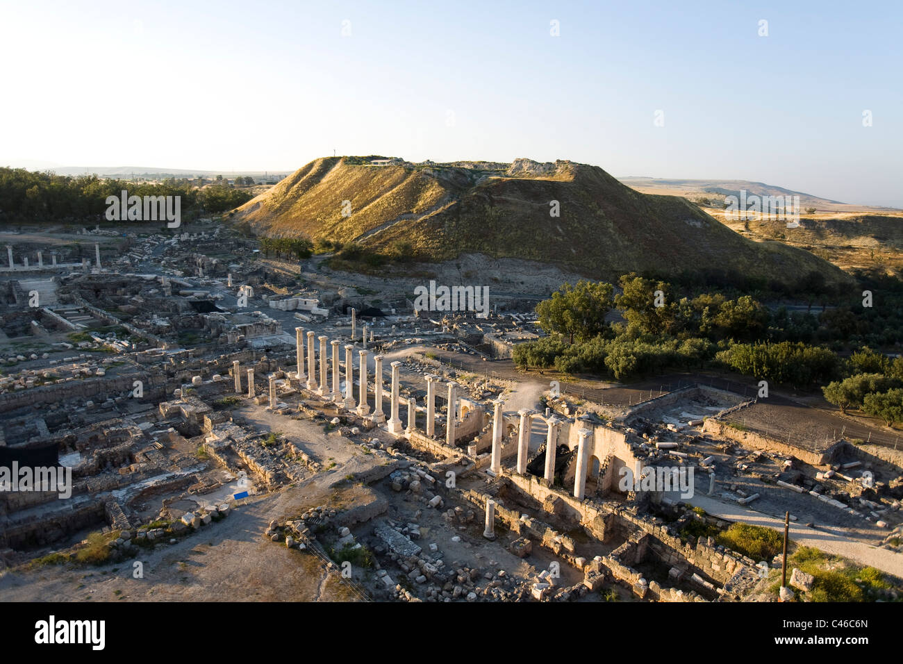 Aerial photograph of the ruins of the Roman city of Beit Shean in the ...