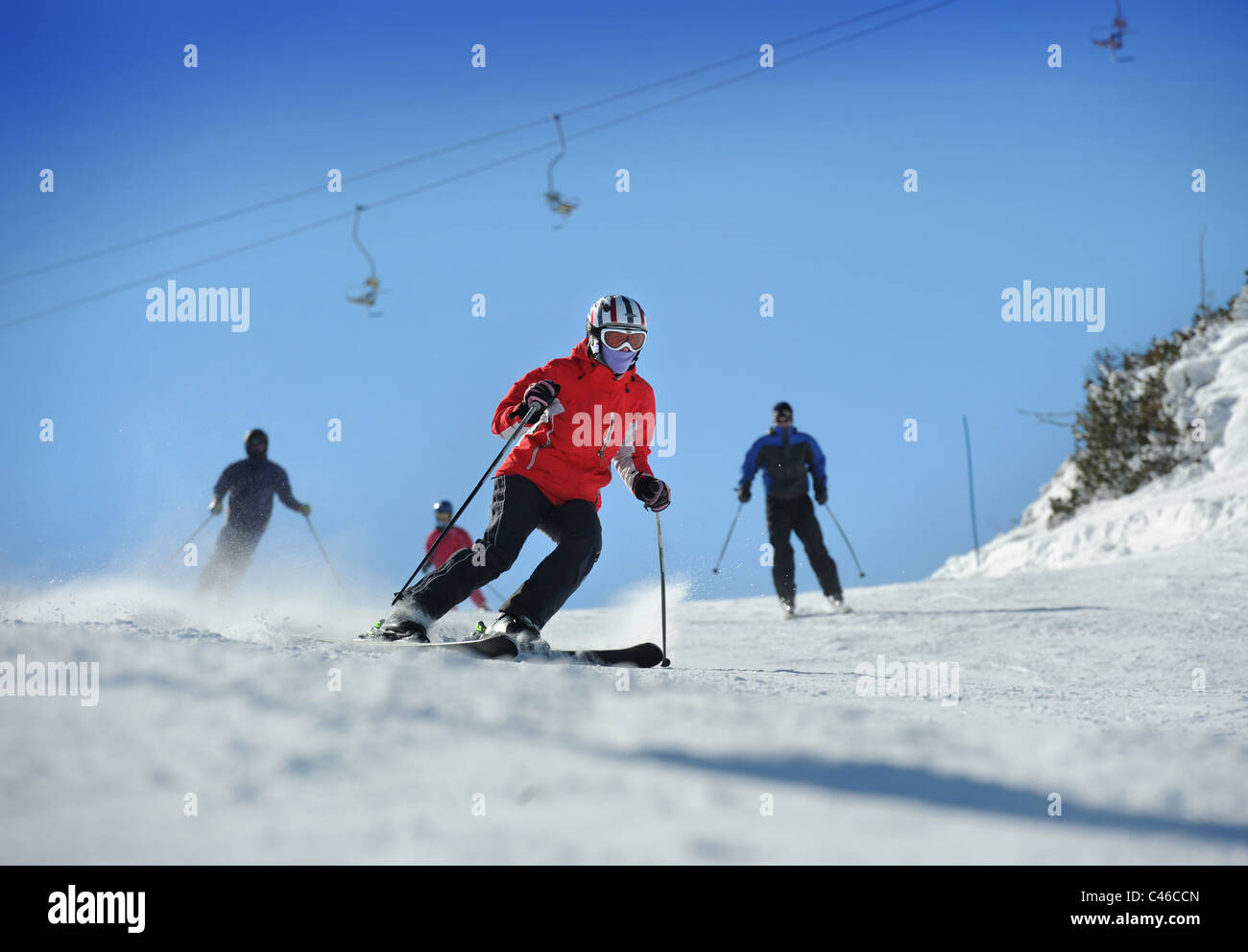 A group of skiers at the Vogel Ski Centre in the Triglav National Park ...