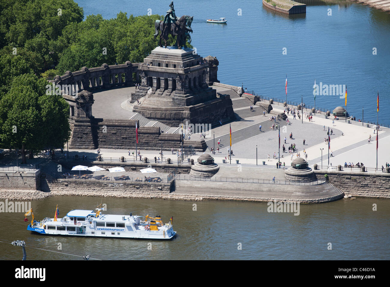 An elevated view of Koblenz and the German Corner (Deutsches Eck) where ...