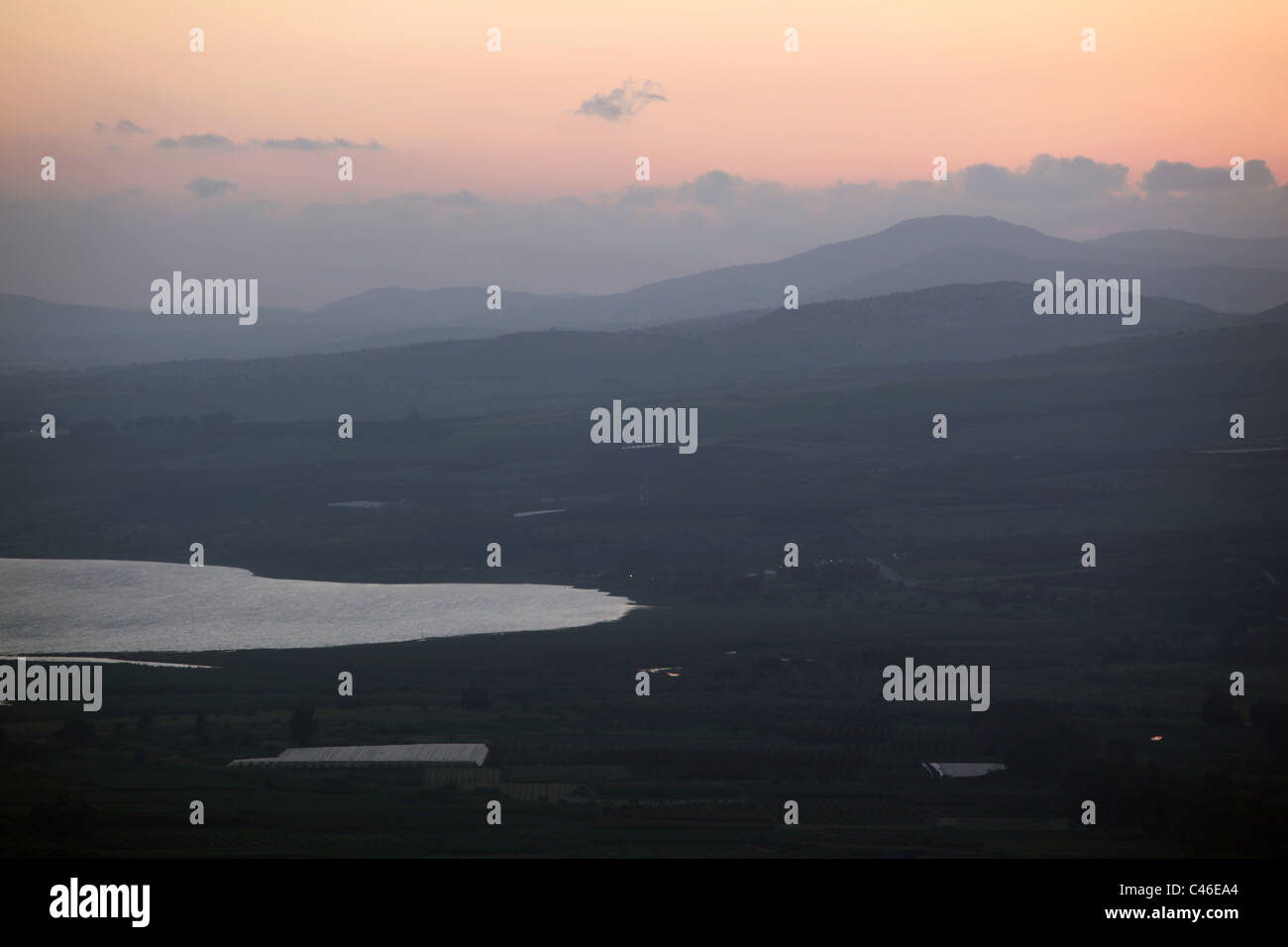 Photograph of the northern basin of the Sea of Galilee after sunset ...