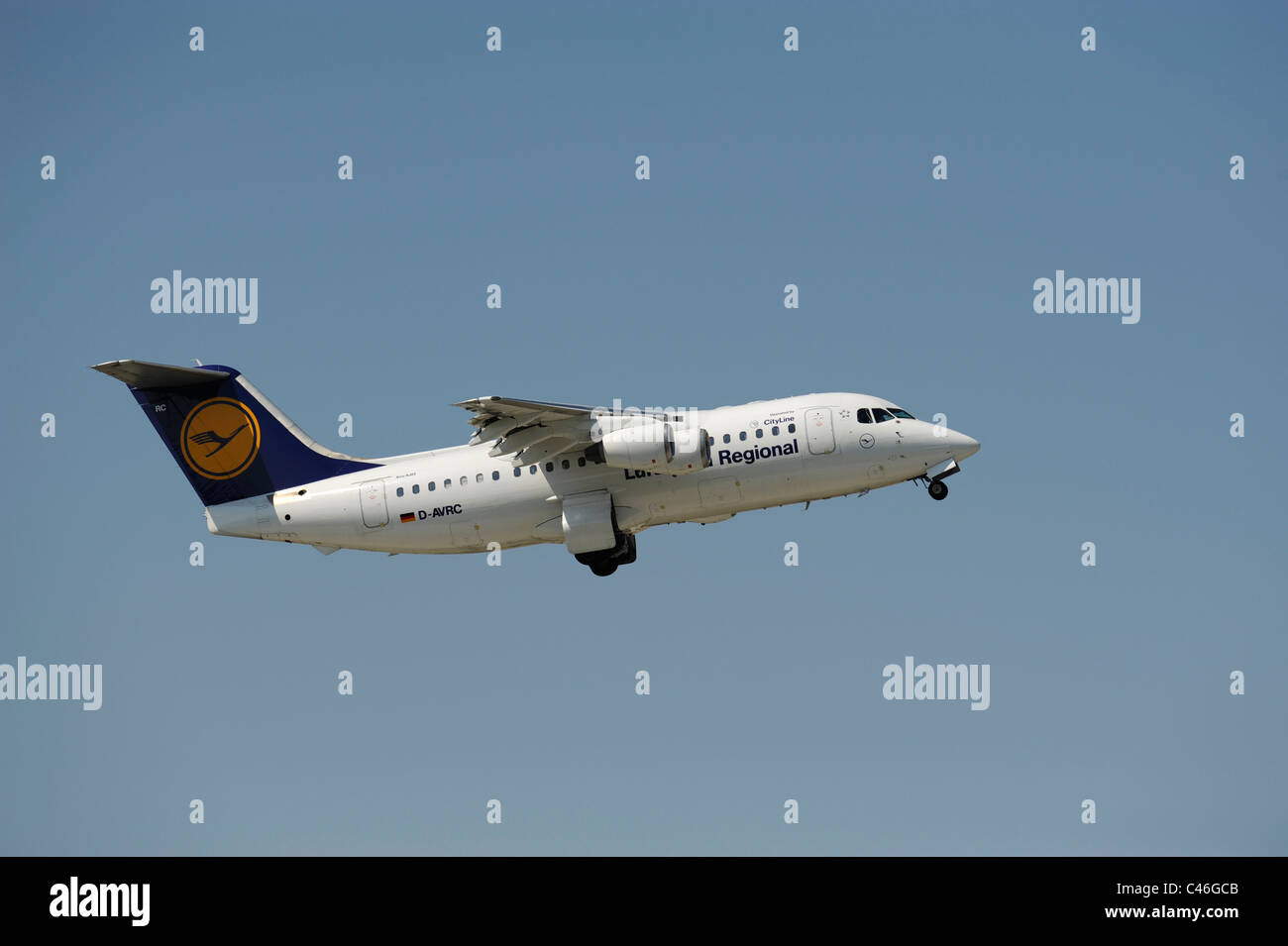 airplane Avro RJ85 of german airline Lufthansa at take-off from airport ...