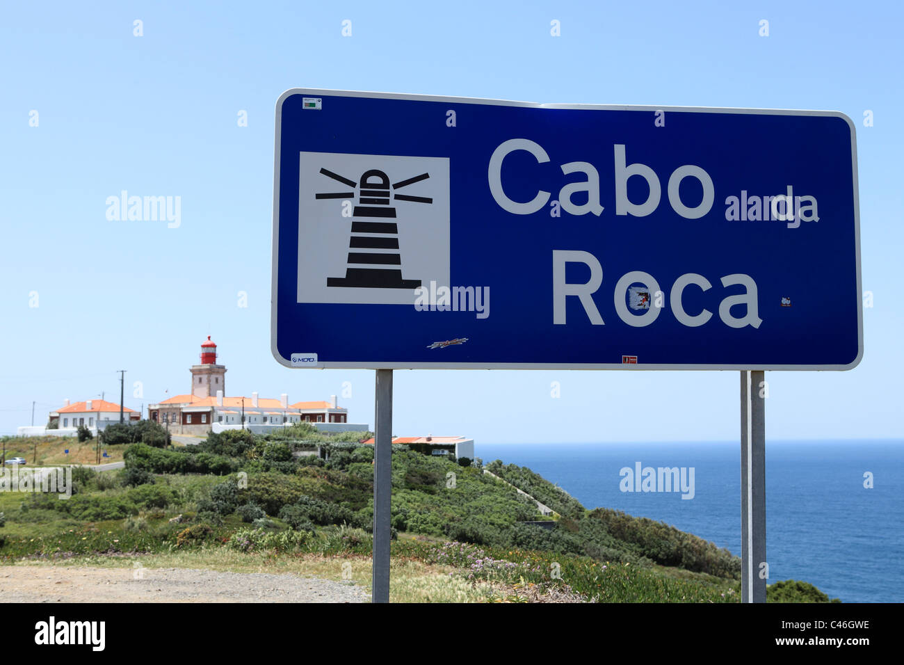 The sign for the lighthouse at mainland Europe's most westerly point at ...