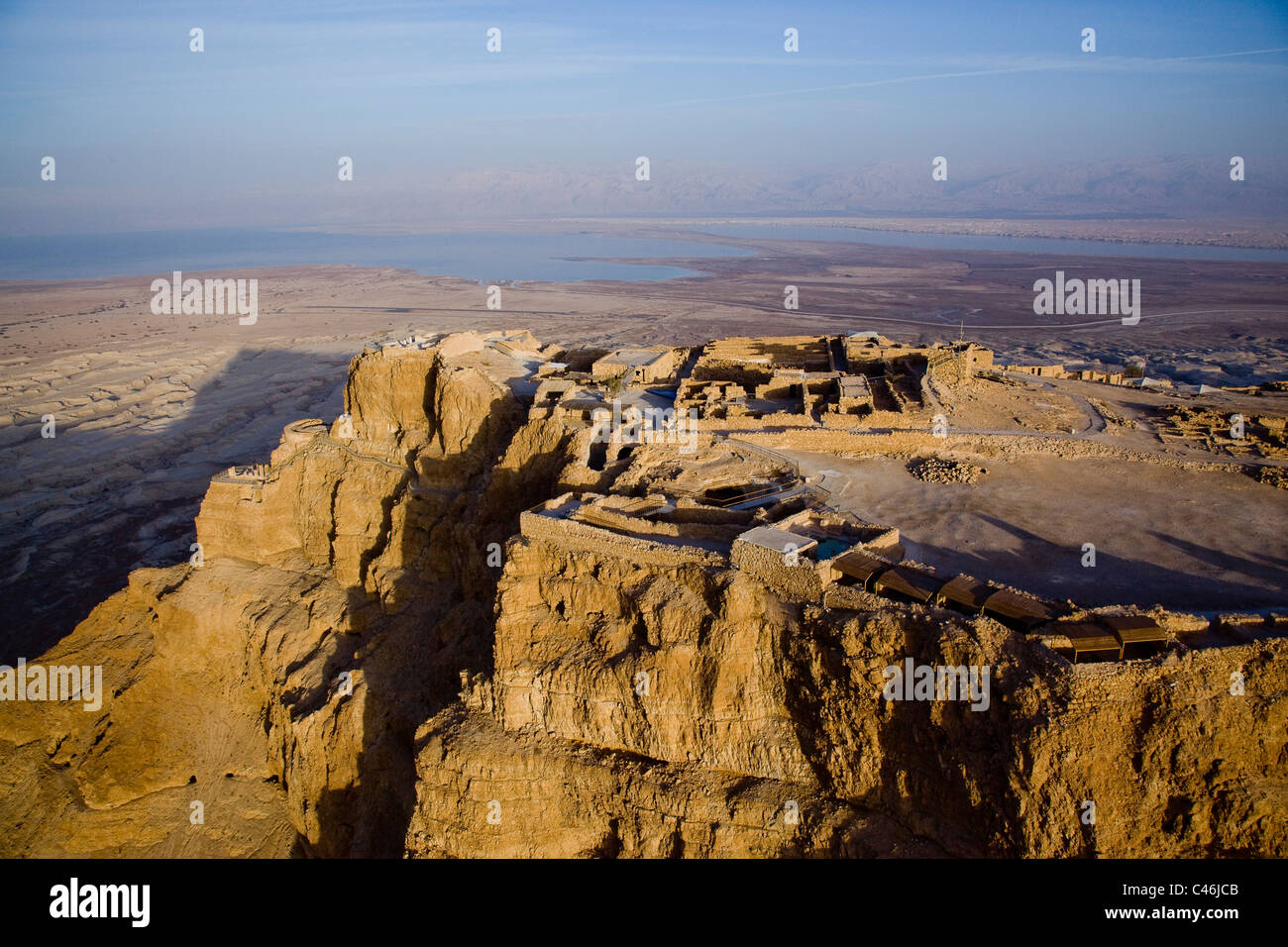 Aerial photograph of the archeologic site of Masada in the Judean ...