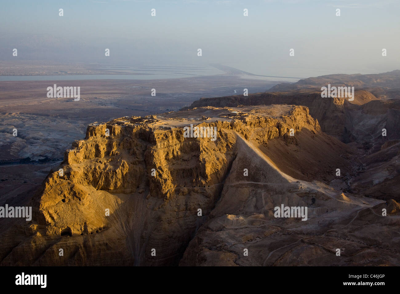 Aerial view of the Archeologic site of Masada and the Roman Ramp built ...