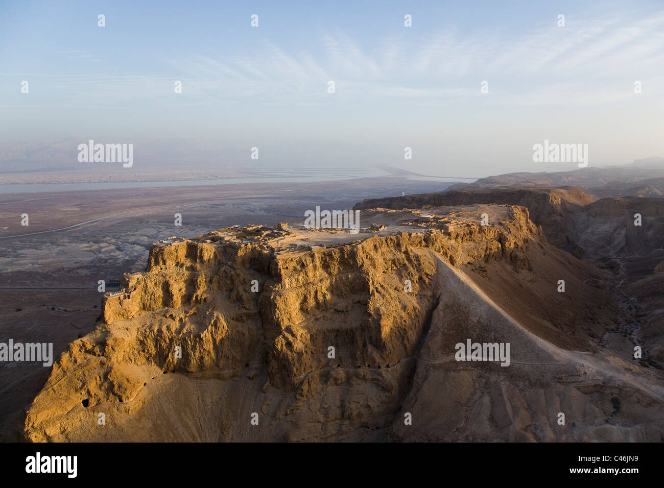Aerial view of the Archeologic site of Masada and the Roman Ramp built ...
