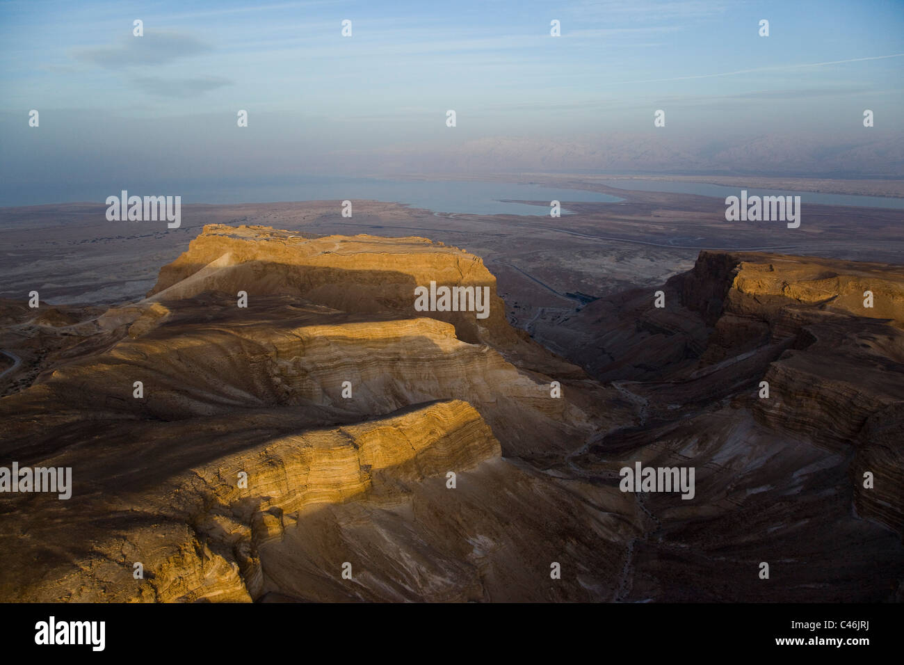 Aerial view of the Archeologic site of Masada and the Roman Ramp built ...