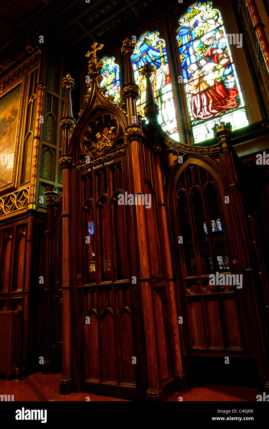 Wooden confessional stained glass windows Notre-Dame Basilica Montreal ...
