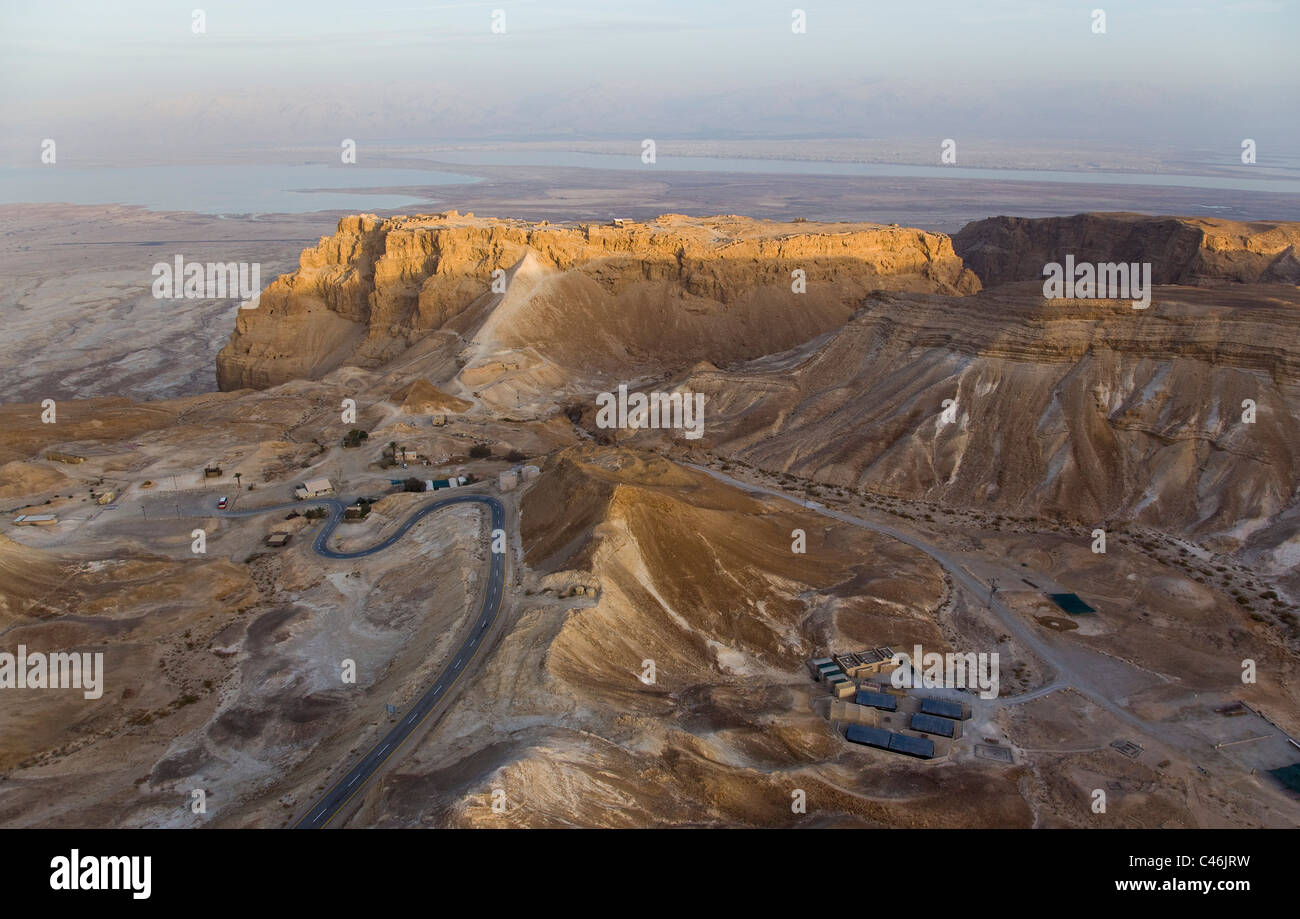 Aerial view of the Archeologic site of Masada and the Roman Ramp built ...