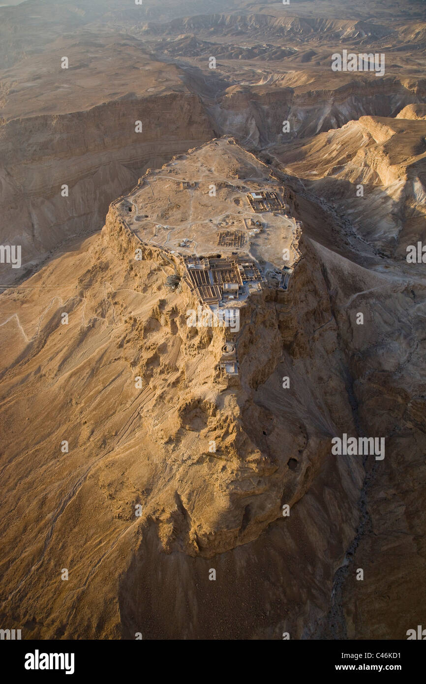 Aerial photograph of the archeologic site of Masada in the Judean ...
