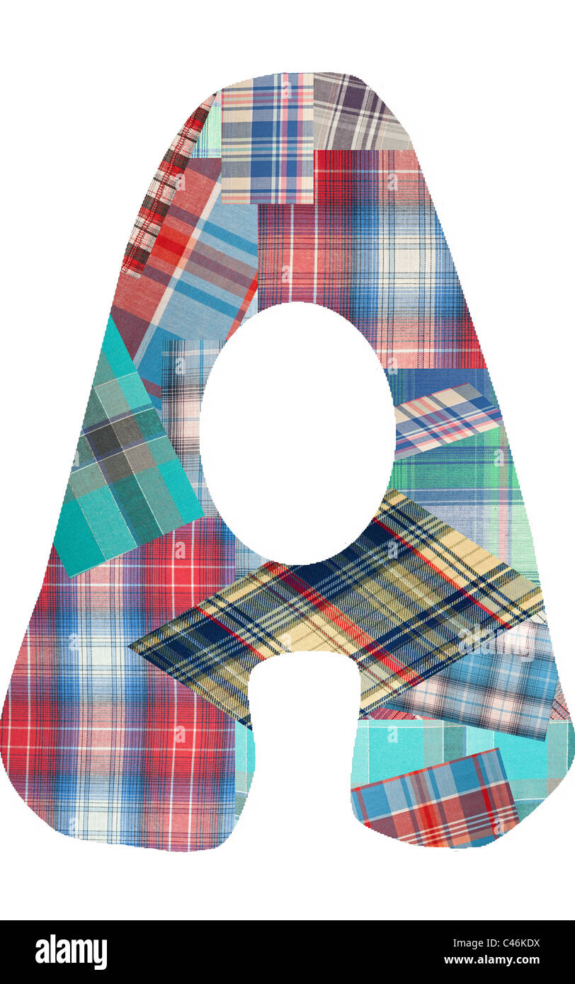 collage letter "A" of the color patches checkered fabric on a white ...
