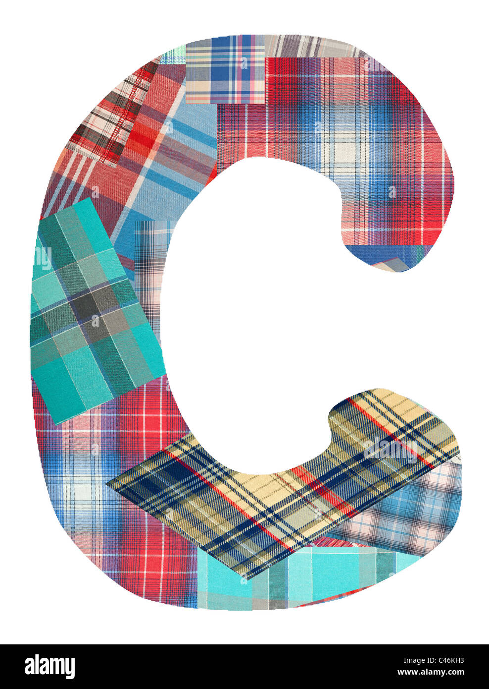 collage letter "C" of the color patches checkered fabric on a white ...