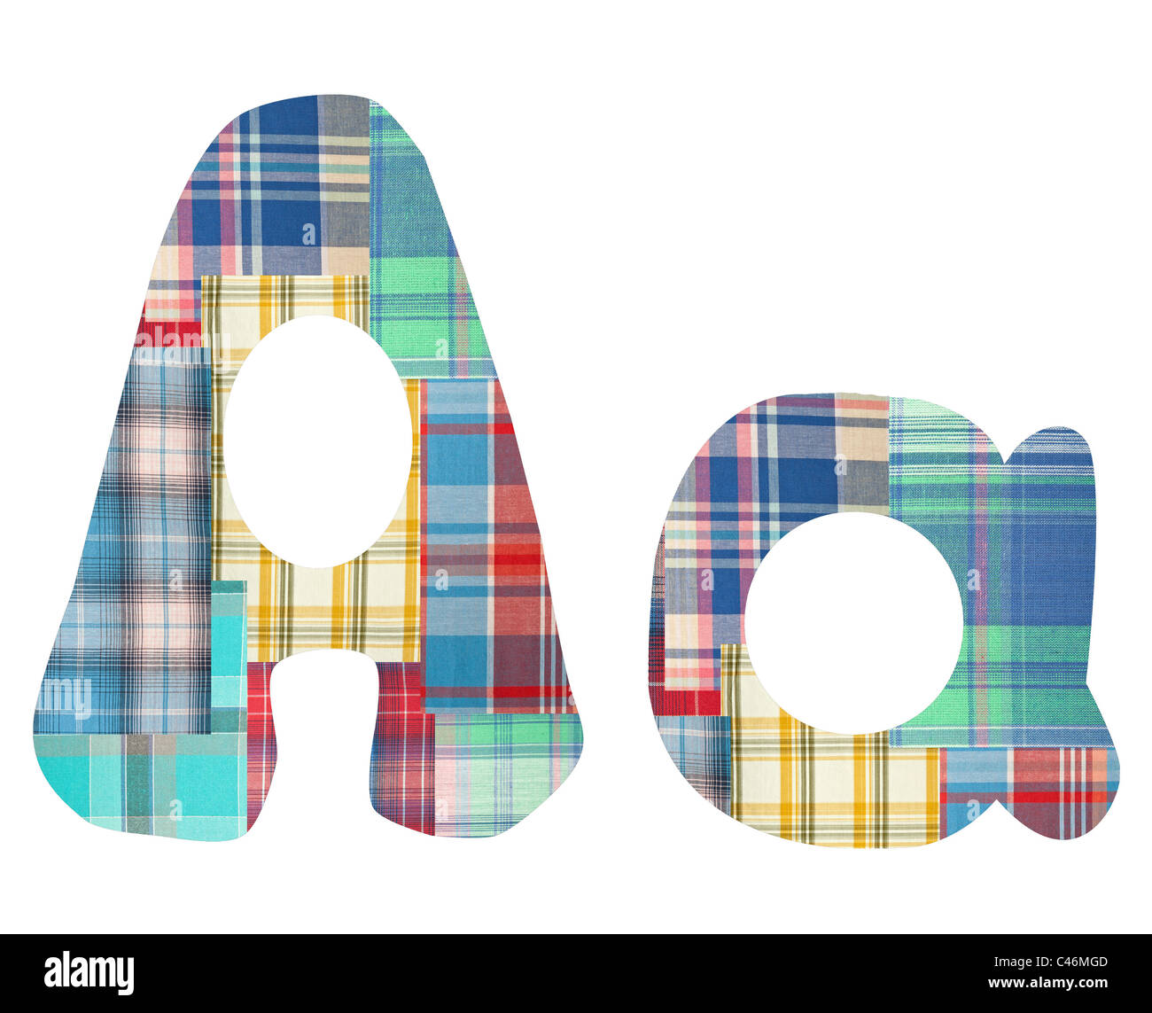 collage letter "A" of the color patches checkered fabric on a white ...