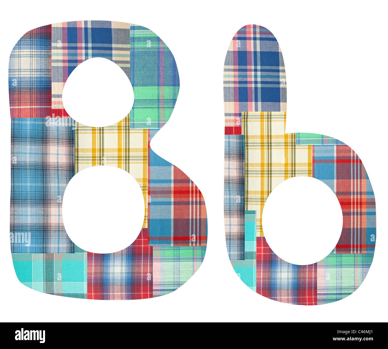 collage letter "B" of the color patches checkered fabric on a white ...