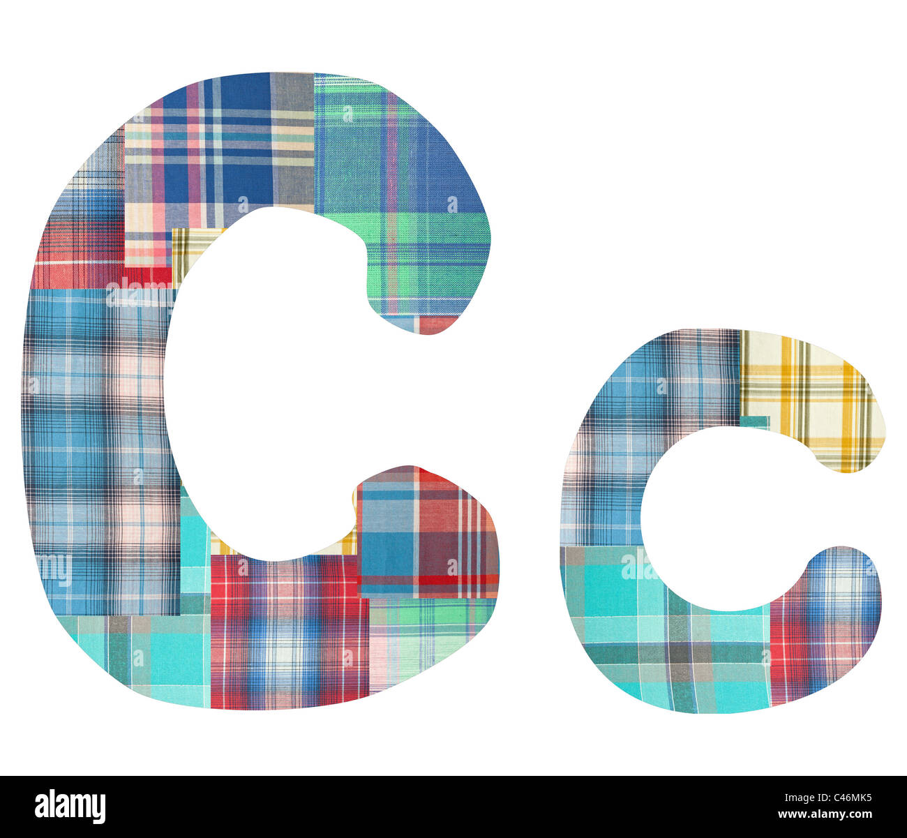collage letter "C" of the color patches checkered fabric on a white ...