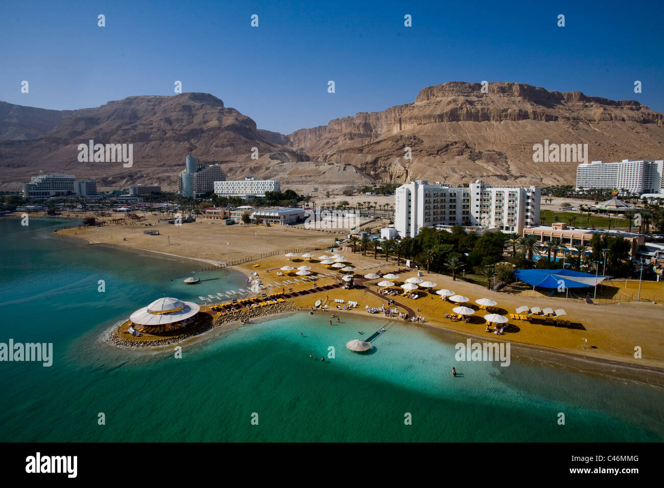 Aerial photograph of the Dead sea's hotels in Ein Bokek Stock Photo - Alamy