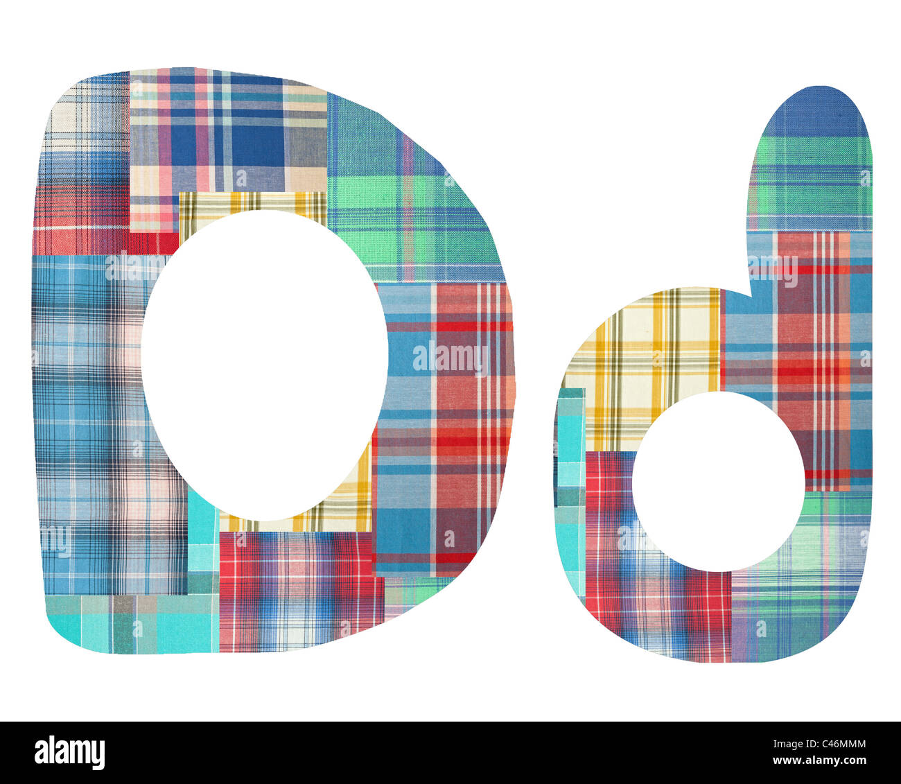 collage letter "D" of the color patches checkered fabric on a white ...