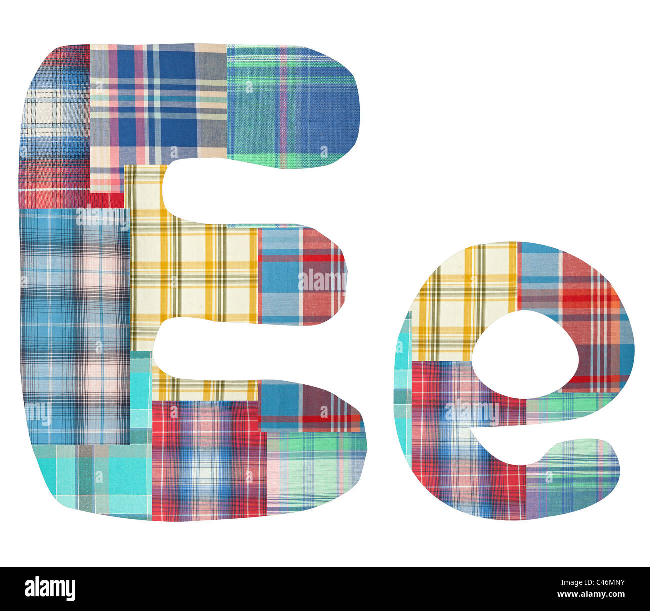 collage letter "E" of the color patches checkered fabric on a white ...