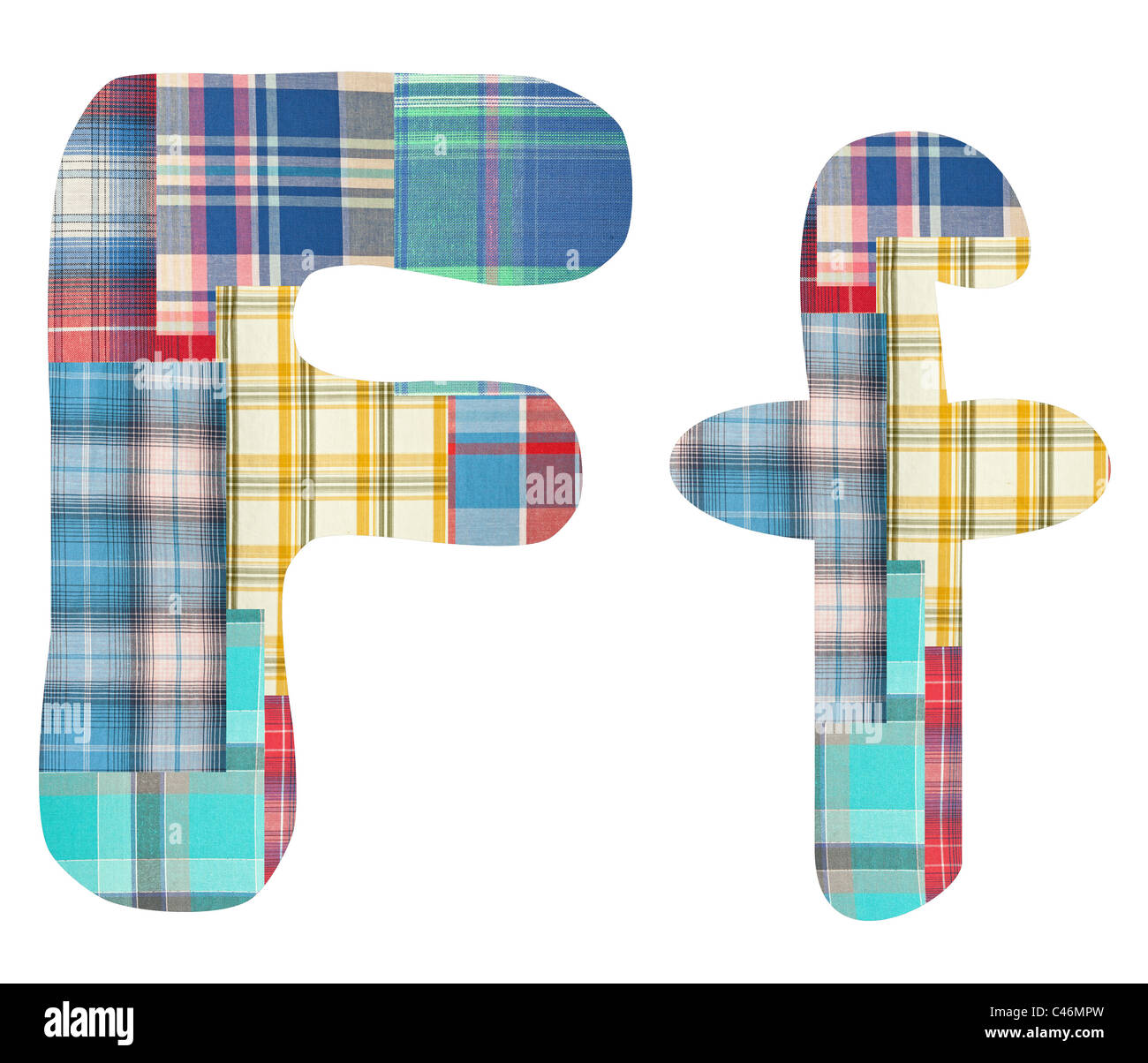 collage letter "F" of the color patches checkered fabric on a white ...