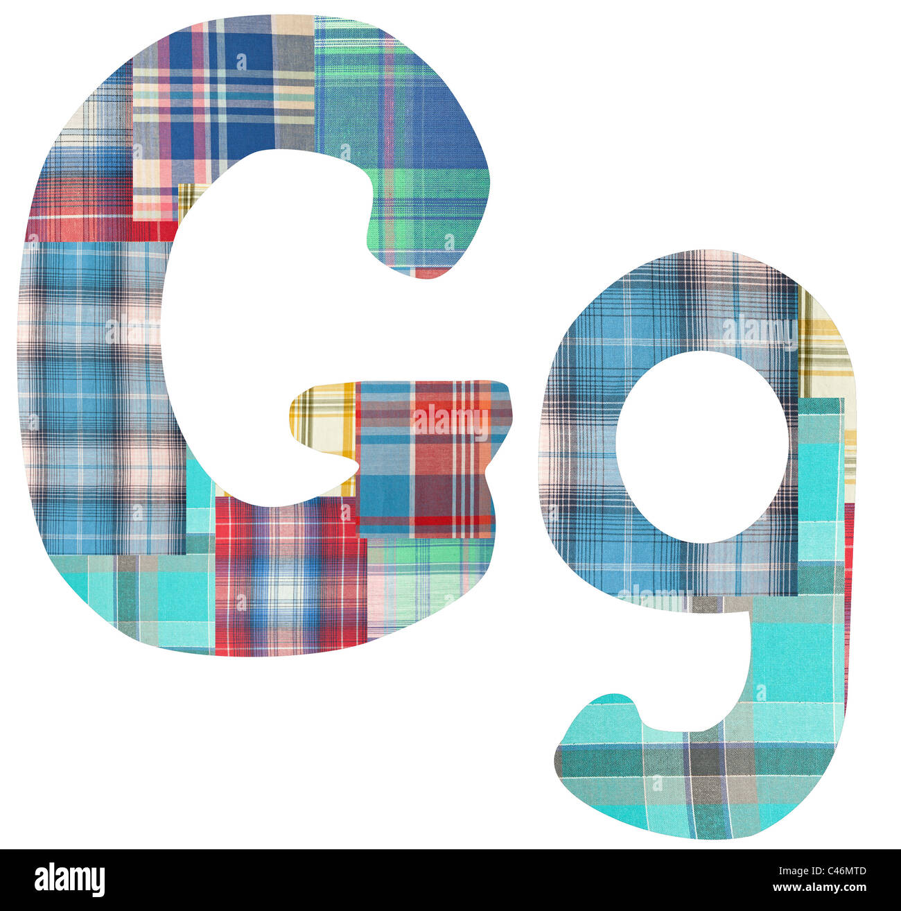 collage letter "G" of the color patches checkered fabric on a white ...
