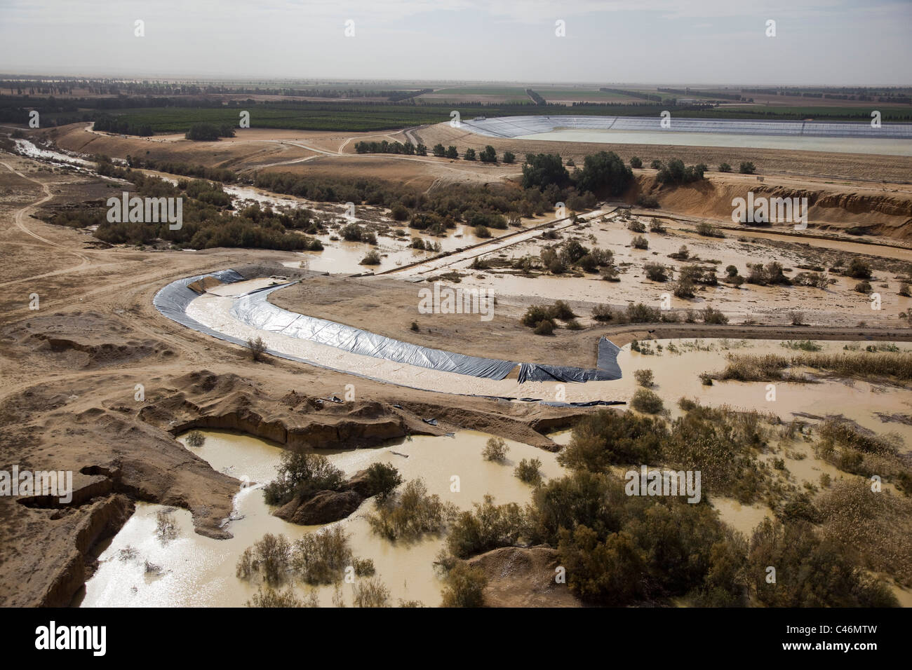 Aerial photograph of the Bsor stream after a flood in the Negev desert ...