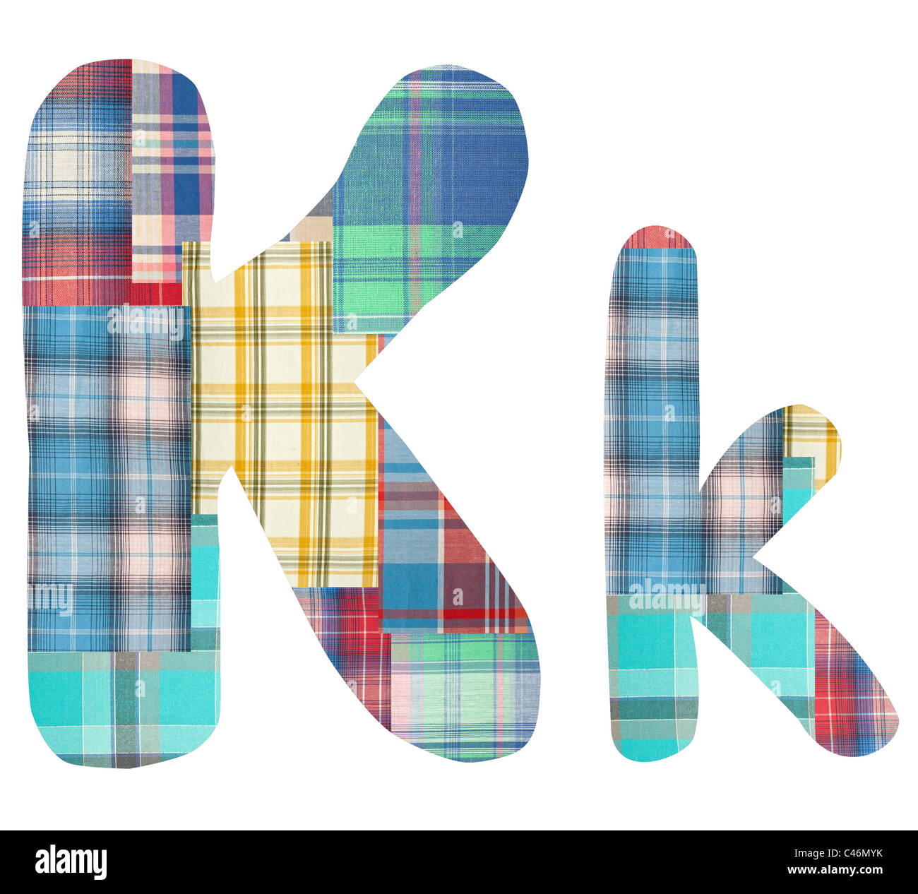 collage letter "K" of the color patches checkered fabric on a white ...
