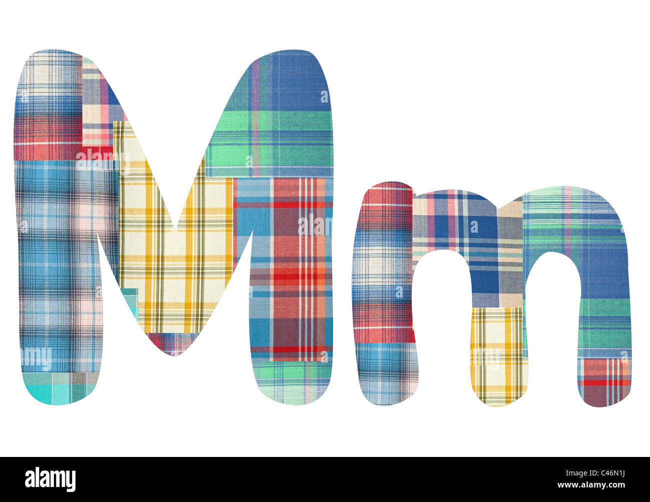 collage letter "M" of the color patches checkered fabric on a white ...
