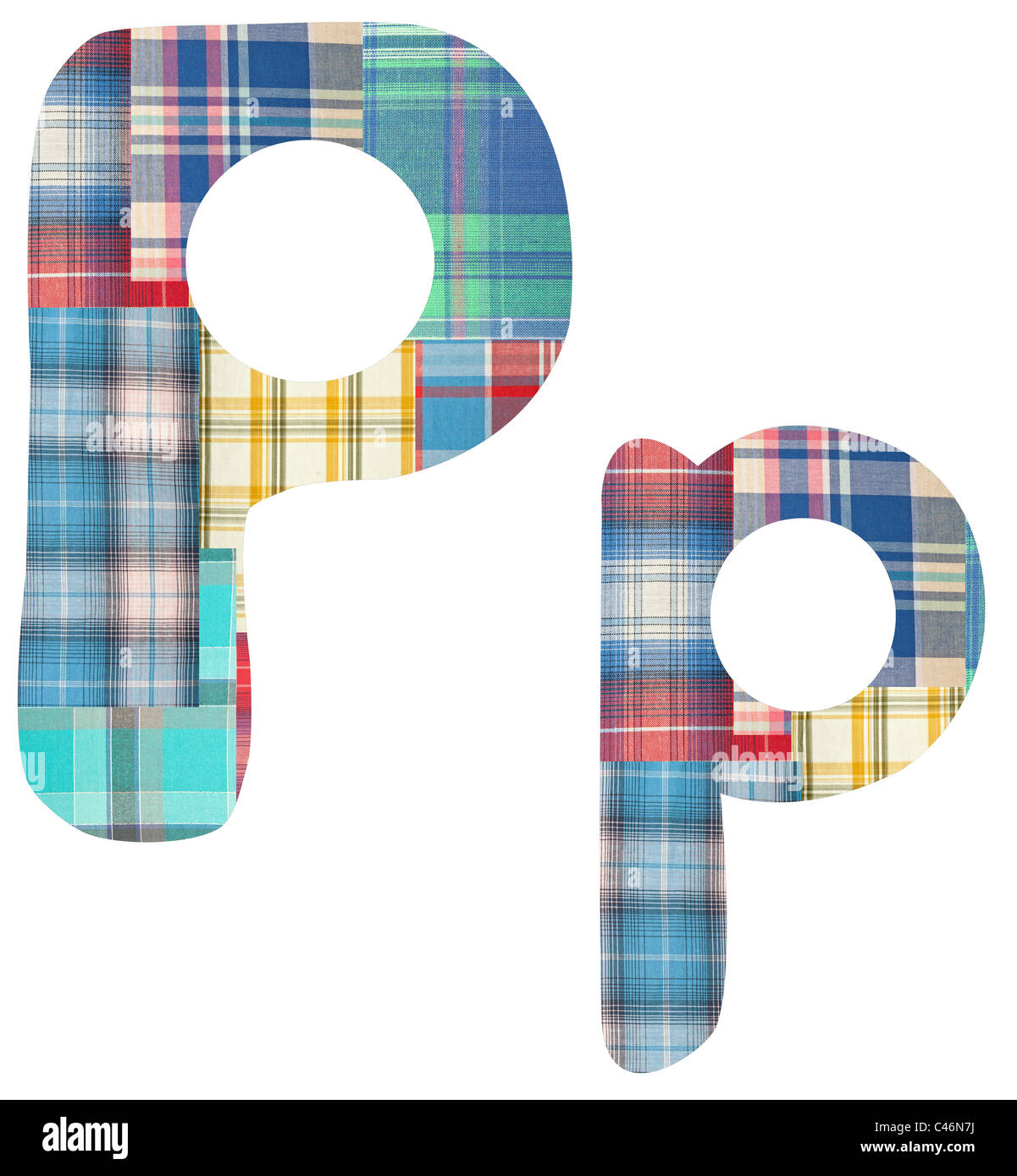 collage letter "P" of the color patches checkered fabric on a white ...