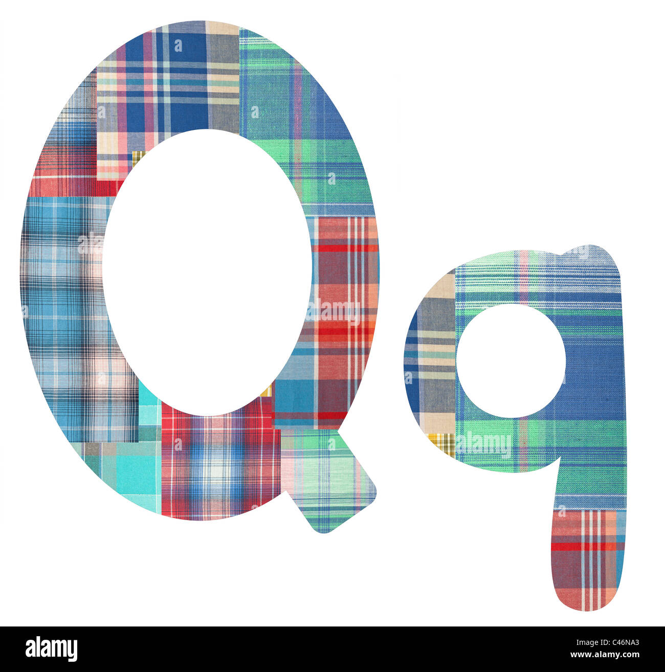 collage letter "Q" of the color patches checkered fabric on a white ...