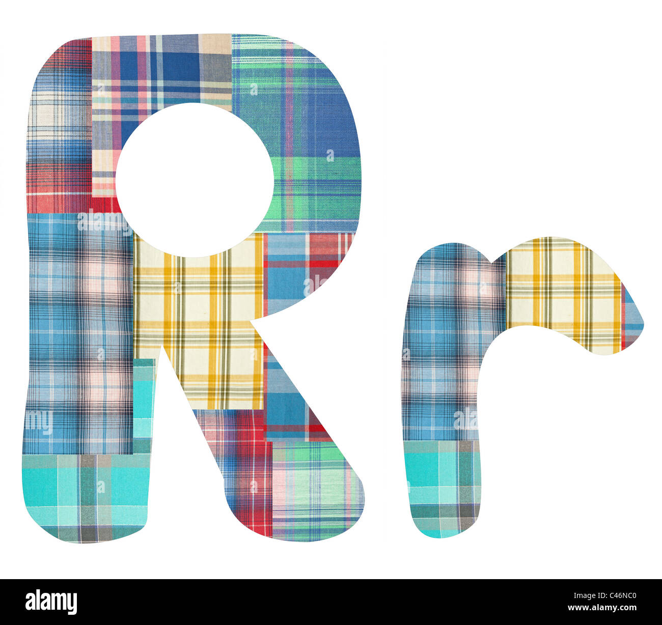 collage letter "R" of the color patches checkered fabric on a white ...