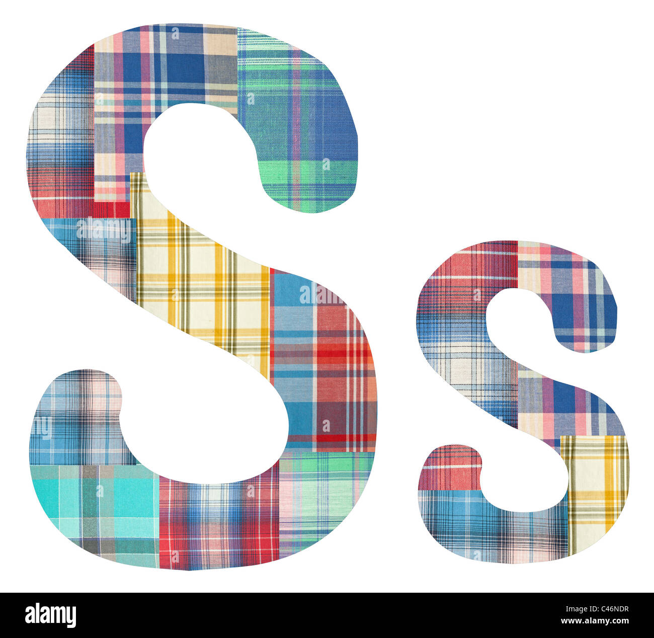 collage letter "S" of the color patches checkered fabric on a white ...