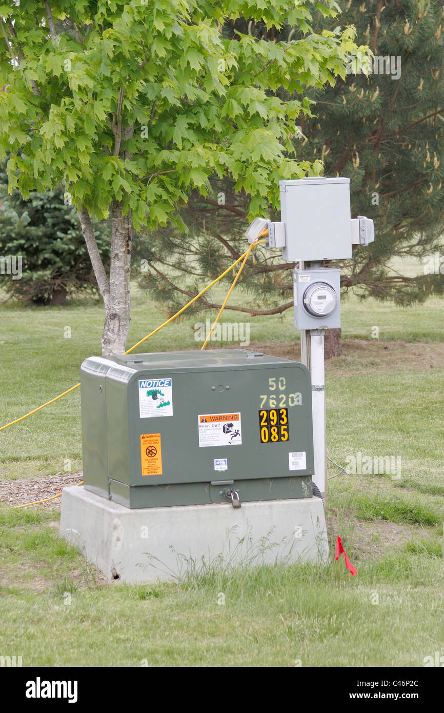 Electric utility transformer and temporary meter at construction site ...