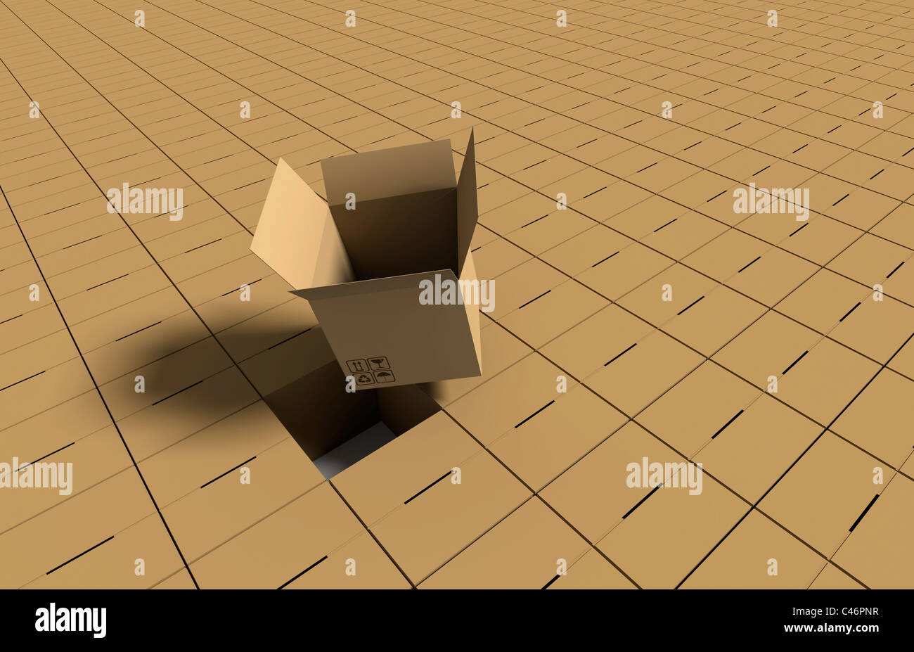 Background of hundreds of cardboard boxes with one open box standing ...