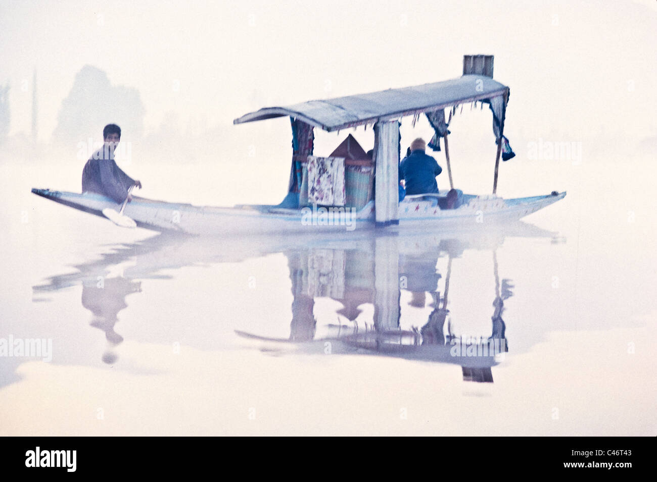 Shikara or wooden boat (a Kashmir cultural symbol) on Nagin Lake, late ...